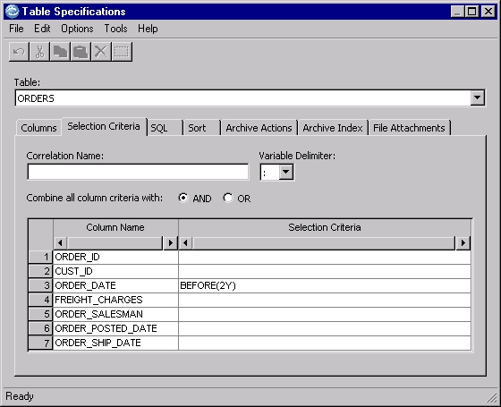 Specify selection criteria for the data