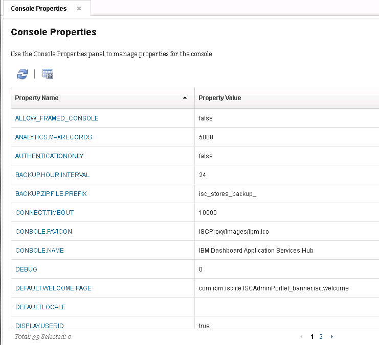Console Properties of IBM Dashboard Application Hub