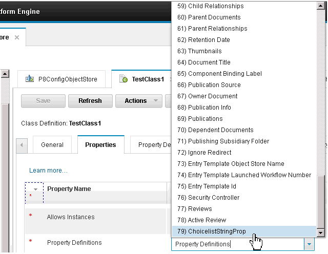 How to update the Properties such as Choice List in Document Class using ACCE?